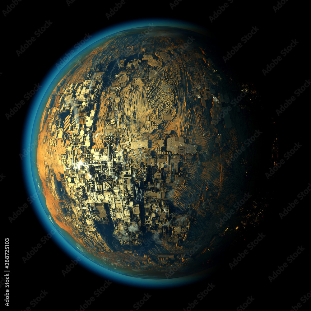 Golden 3d art of round earth sphere with small cities and houses below ...