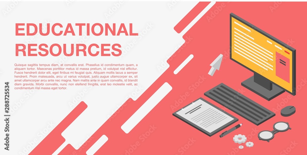 Educational resources concept banner. Isometric illustration of ...
