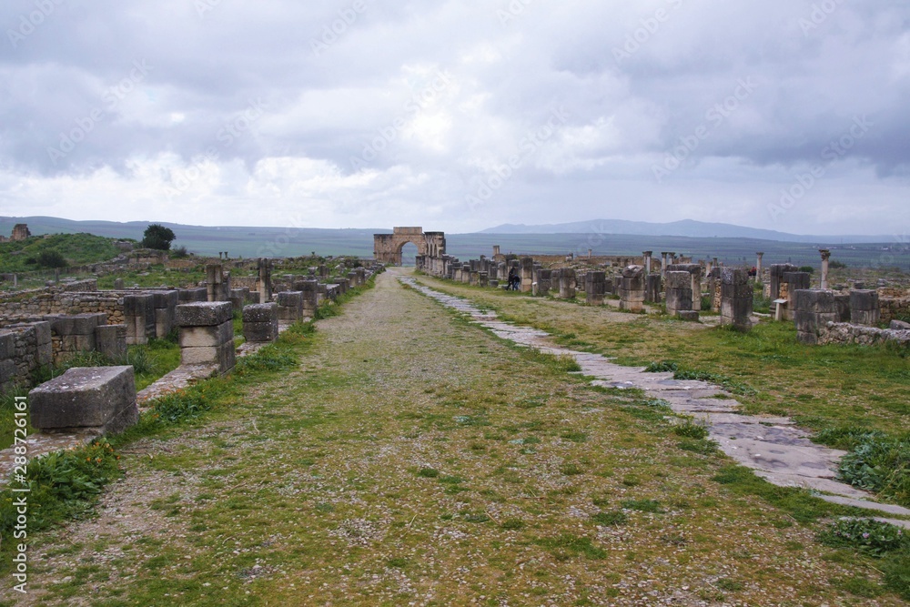 Maroc, Allée centrale vers la porte de Tingis à Volubilis Stock Photo ...