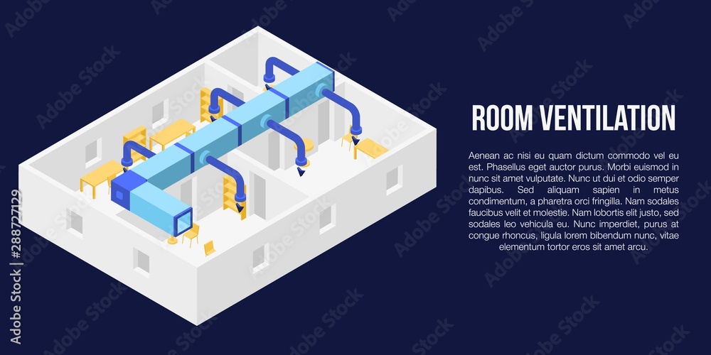 Room ventilation concept banner. Isometric illustration of room ...