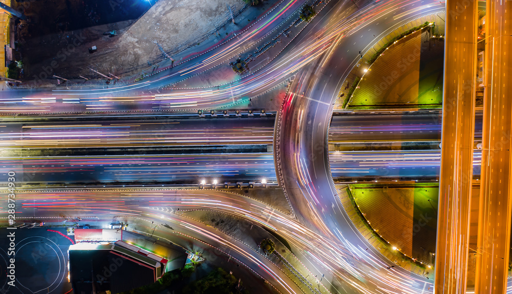 Aerial view Expressway motorway highway circus intersection at Night ...
