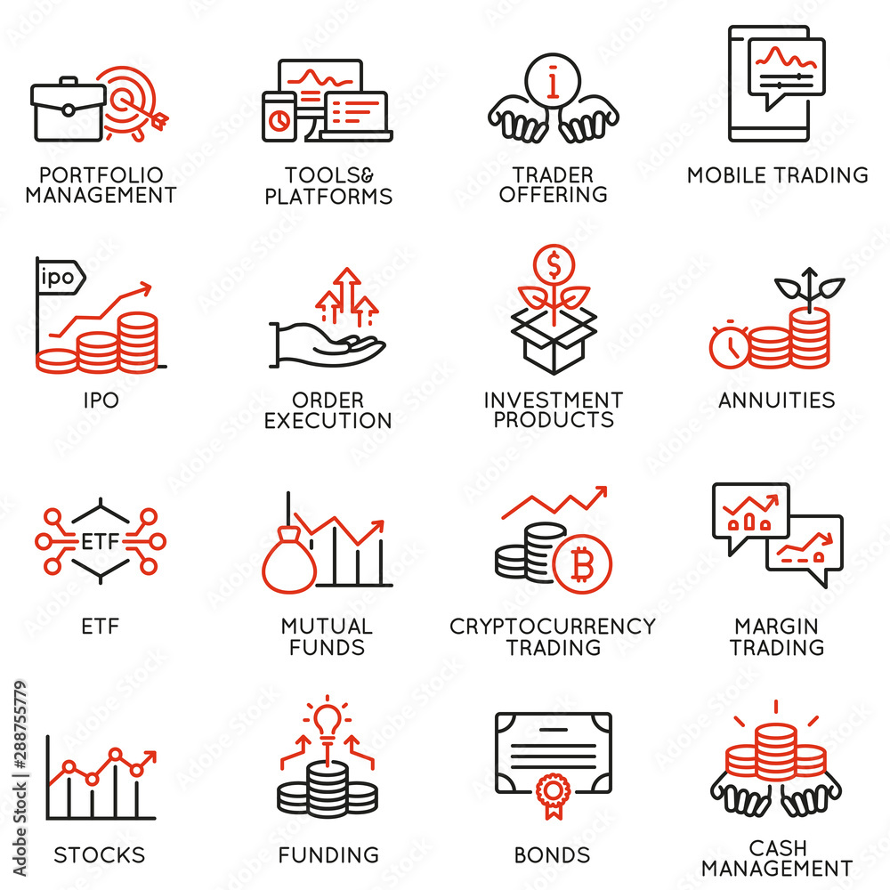 Vector set of linear icons related to investment, financial advice and ...