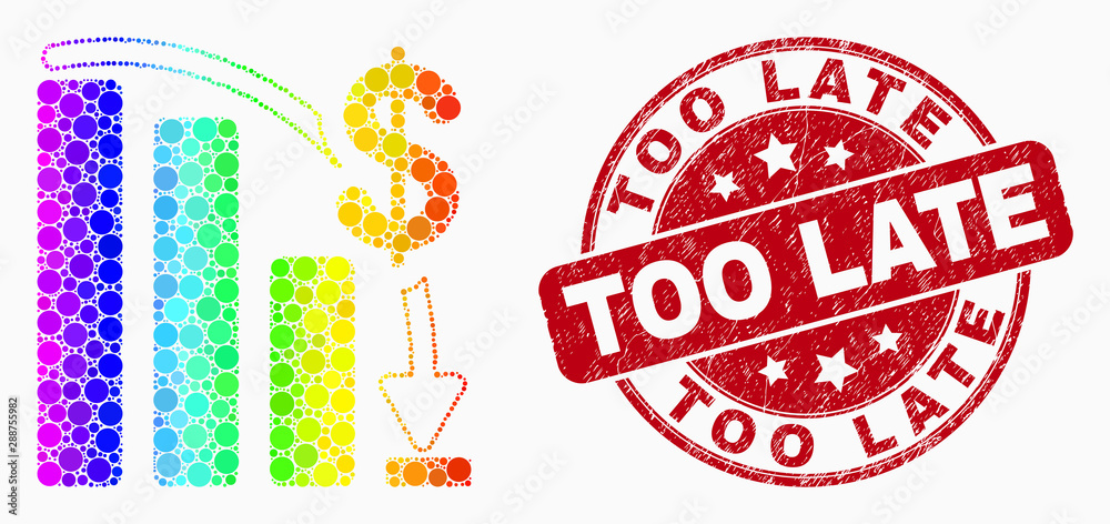 Dotted spectral financial epic fail chart mosaic icon and Too Late seal ...