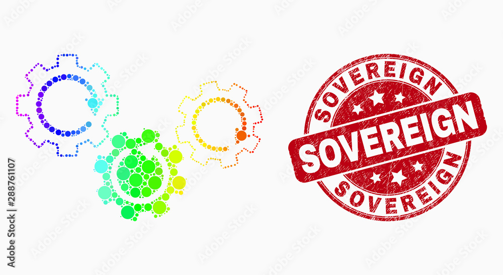 Dotted spectral gear mechanism mosaic pictogram and Sovereign seal. Red ...