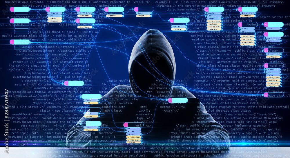 Internet security concept with node symbols and binay code at hacker ...