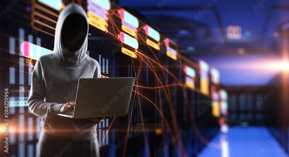 Internet security concept with hacker using laptop at digital node ...