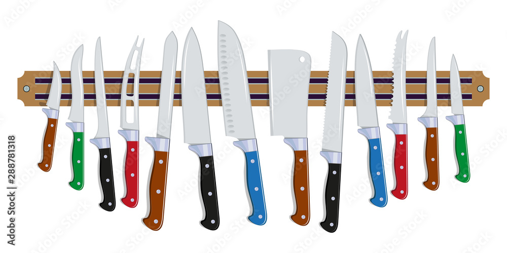 Set of Kitchen Knives on a Magnet. Chef Knife. Kitchenware Knives of ...