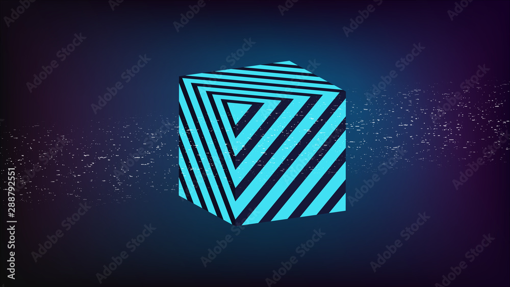 Futuristic glowing cube on dark background with VHS glitch. Object with ...
