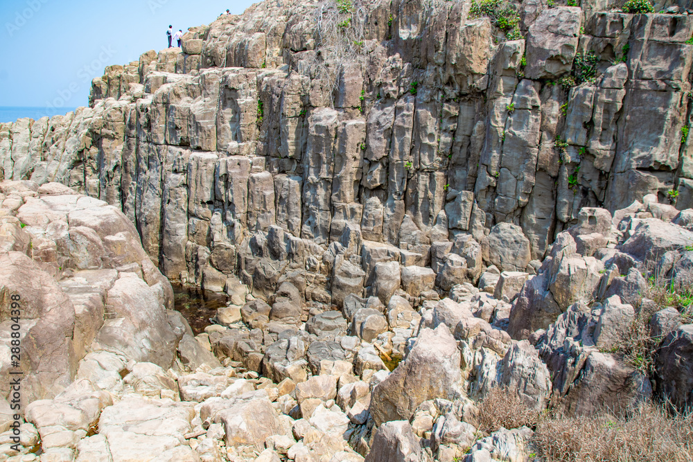 The columnar joint rocks made of andesite at Tojinbo located in Mikuni ...