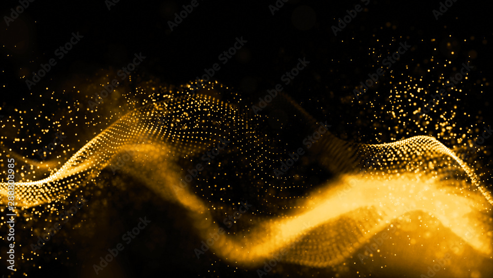 Gold color digital particles wave flow abstract technology background ...