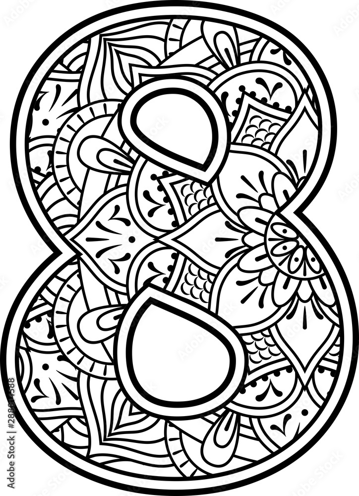 number 8 in black and white with doodle ornaments and design elements ...