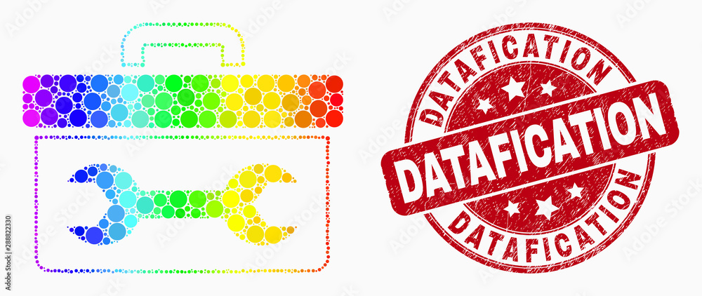 Dotted spectrum wrench toolbox mosaic icon and Datafication stamp. Red ...