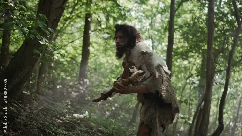 Portrait of Primeval Caveman Wearing Animal Skin and Fur Hunting with a ...