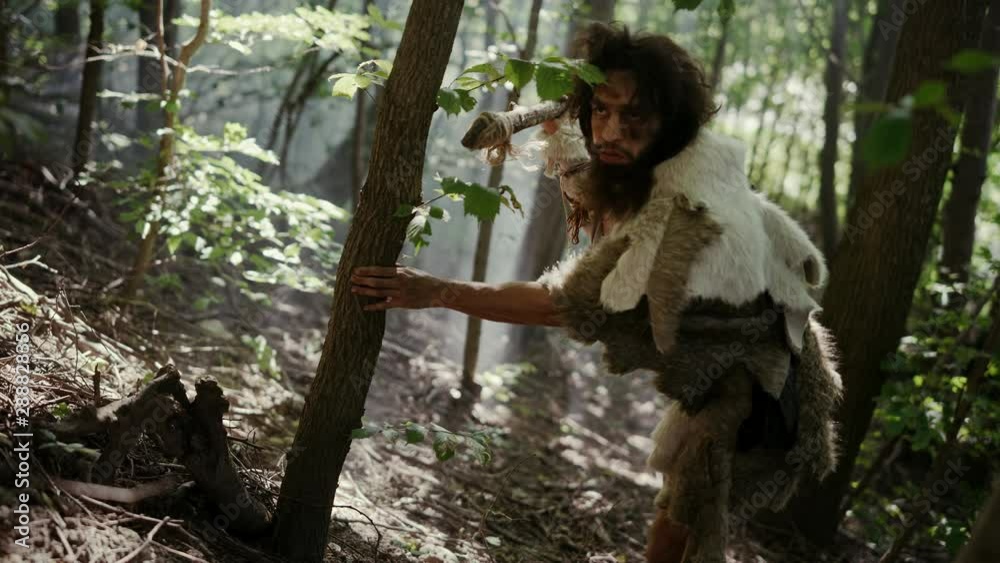 Portrait of Primeval Caveman Wearing Animal Skin and Fur Hunting with a ...