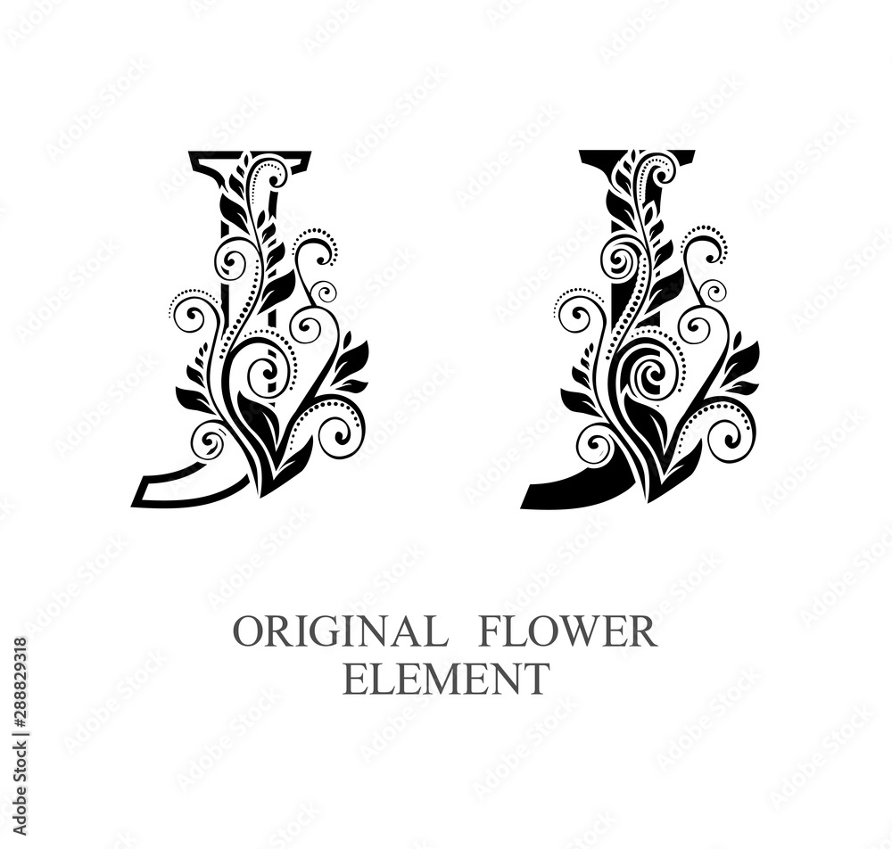 Elegant initial letters J in two color variations with botanical ...
