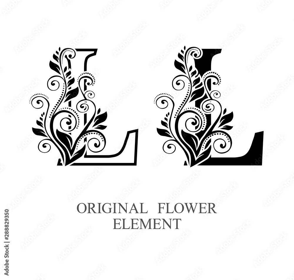 Elegant initial letters L in two color variations with botanical ...