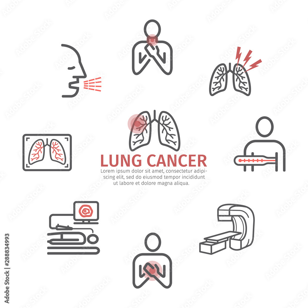Lung Cancer banner . Symptoms, Causes, Treatment. Line icons set ...