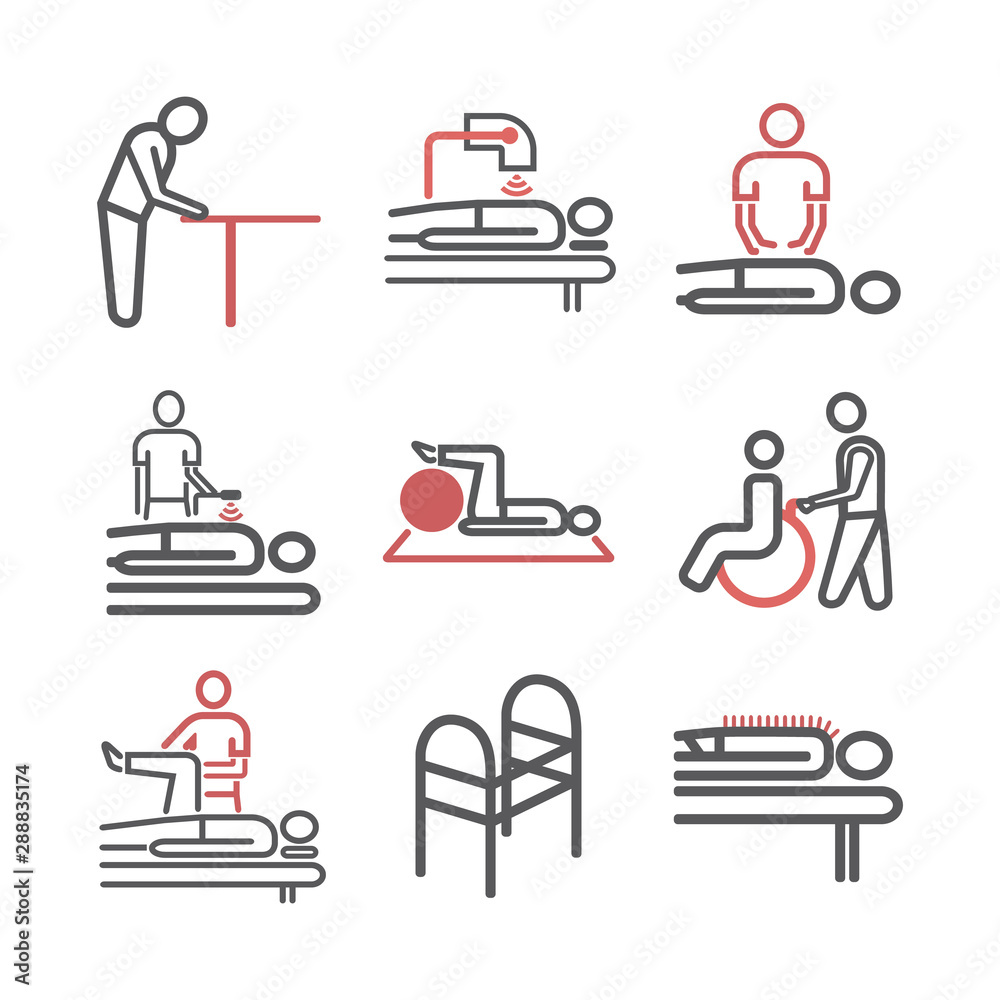 Line icons, physiotherapy banner, rehabilitation center. Vector signs ...