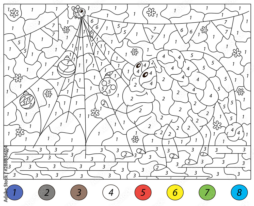 Cartoon spider decorates New Year tree. Color by number educational ...