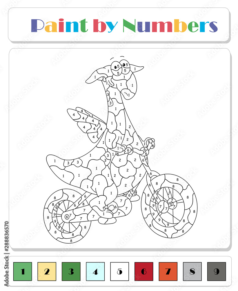 Cartoon dragon rides a bike. Color by number educational game for kids ...