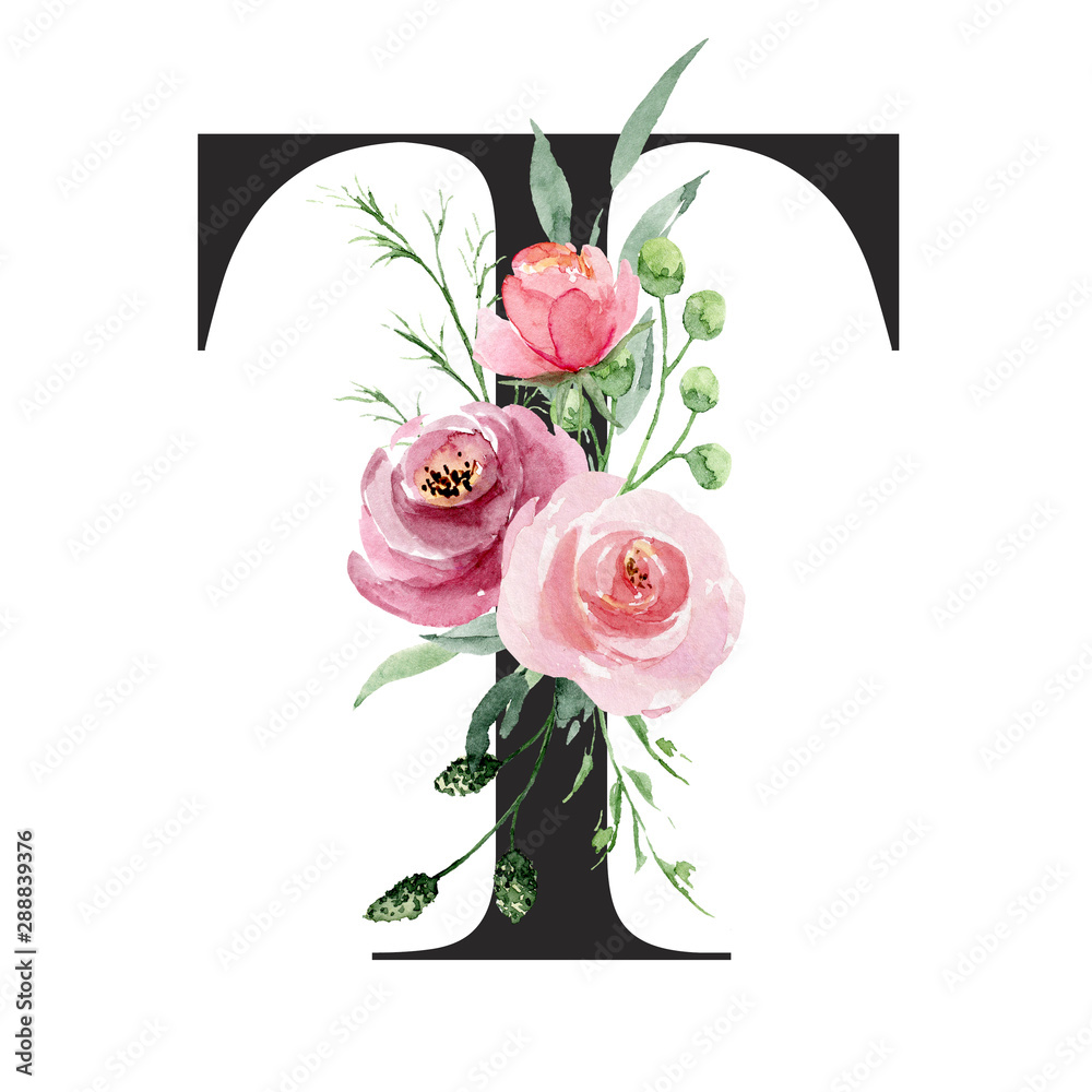 Floral alphabet, letter T with watercolor flowers and leaf. Monogram ...