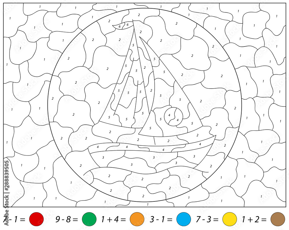 Cartoon yacht. Addition and subtraction tasks. Color by number ...