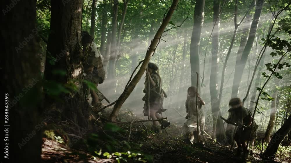Tribe of Hunter-Gatherers Wearing Animal Skin Holding Stone Tipped ...