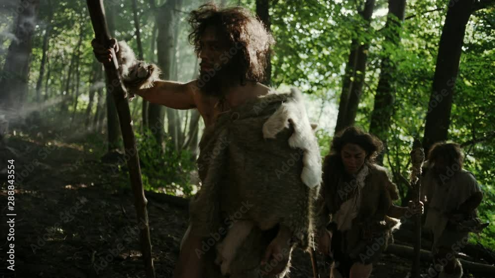 Tribe of Hunter-Gatherers Wearing Animal Skin Holding Stone Tipped ...