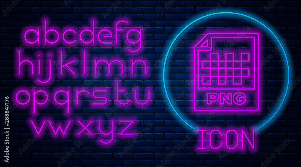 Glowing neon PNG file document. Download png button icon isolated on ...