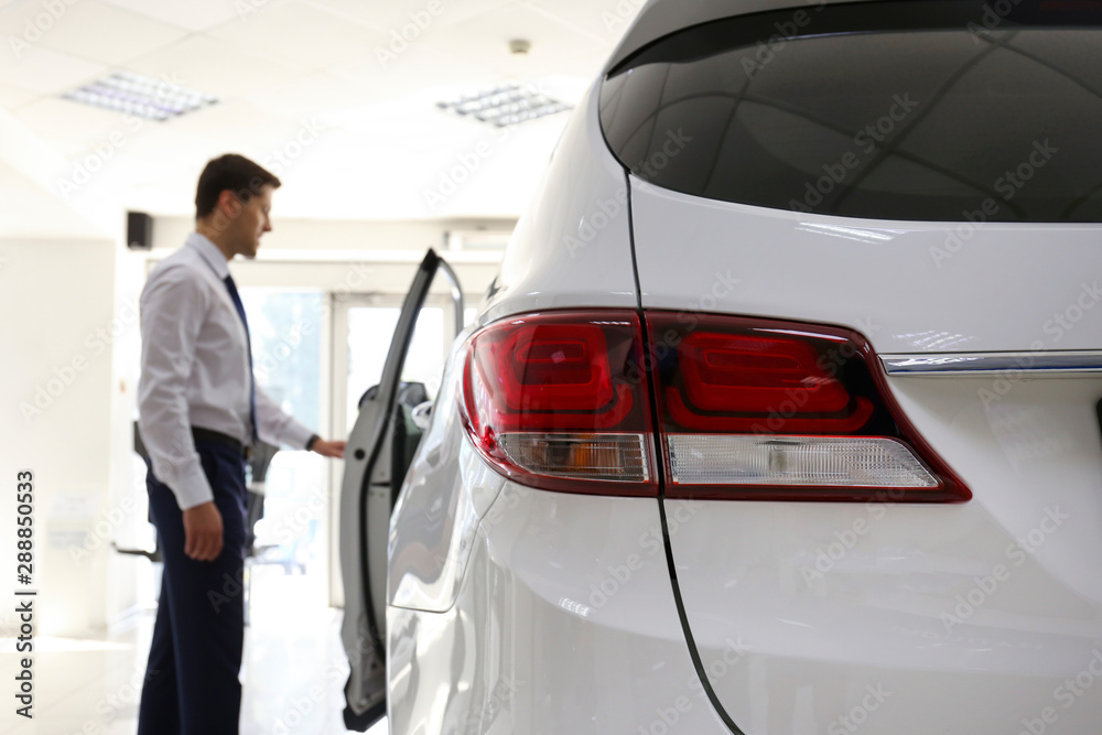 Car dealership sales person at work concept. Portrait of young sales ...