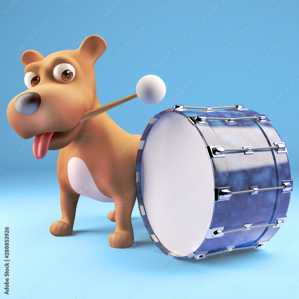 3d cartoon puppy dog hitting a bass drum with a drumstick, 3d ...