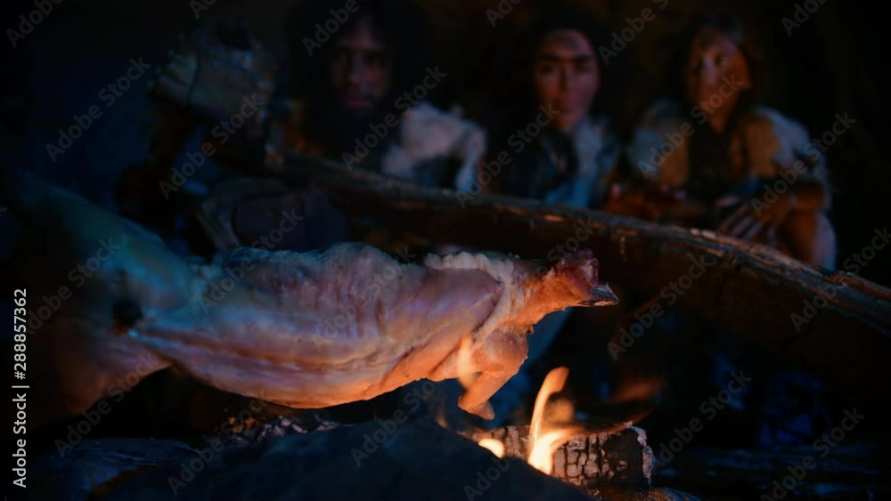 Video Stock Neanderthal or Homo Sapiens Family Cooking Animal Meat over ...