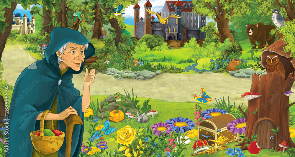 cartoon scene with happy old woman witch sorceress in the forest ...