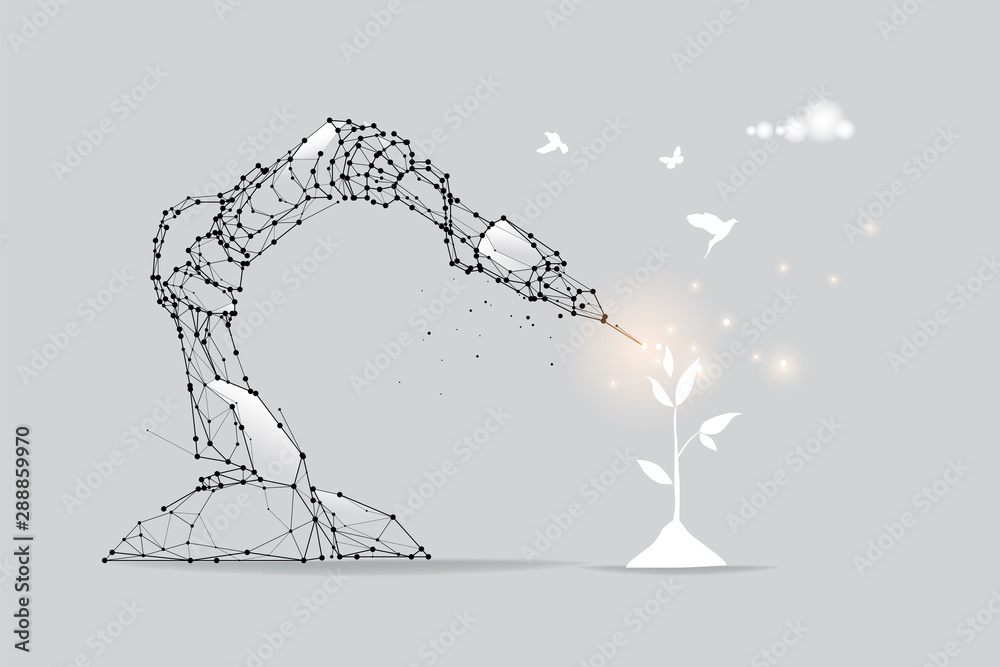 The particles, geometric art, line and dot of robot arm machine Stock ...
