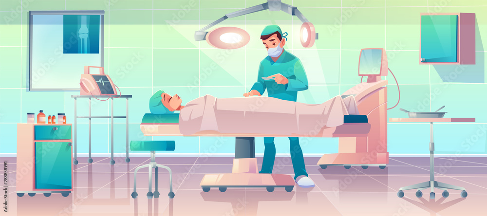Plastic surgeon operating patient girl in surgery room with medical ...
