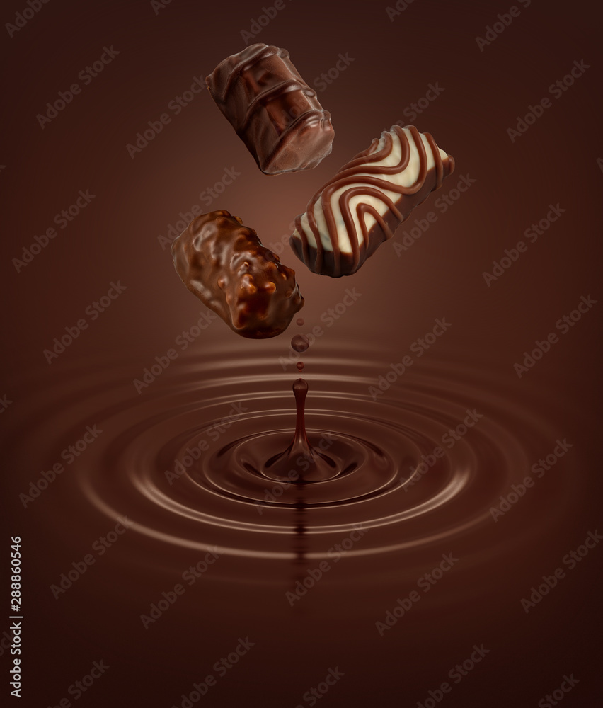 Melted liquid milk chocolate 3D splash, falling assorted milk chocolate ...