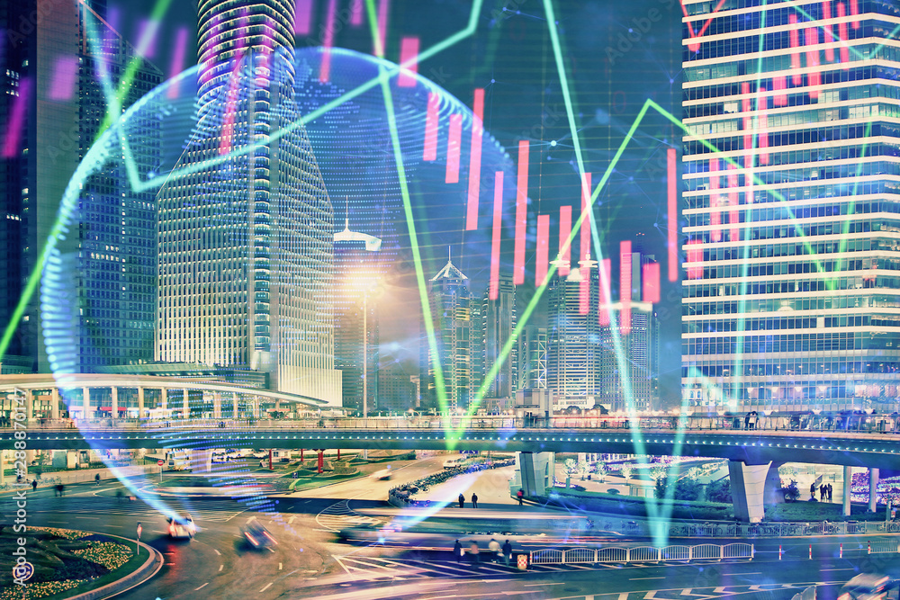 Financial chart on city scape with tall buildings background multi ...