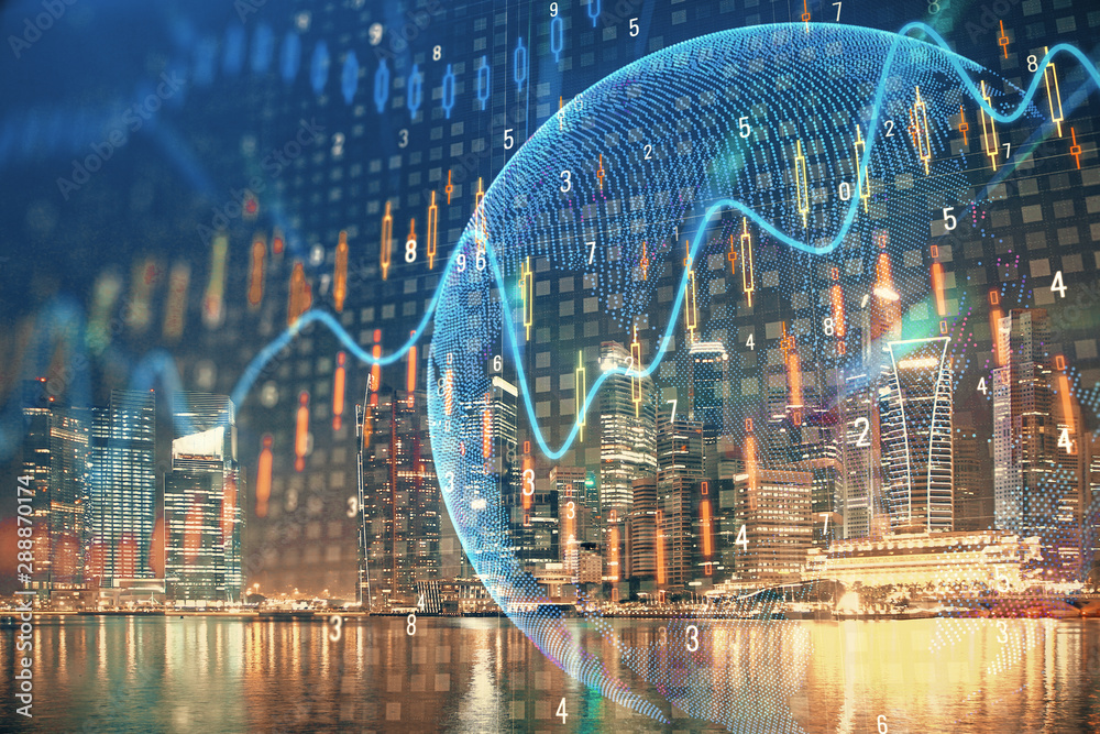 Financial chart on city scape with tall buildings background multi ...