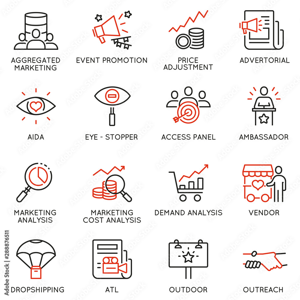 Vector set of linear icons related to business management process ...