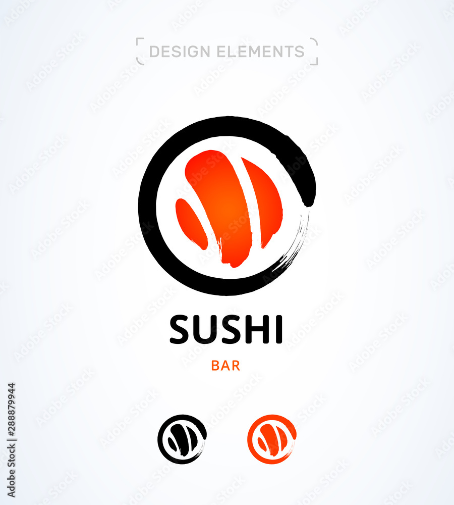 Hand drawn round sushi logo, brush style. Simple flat asian logotype ...