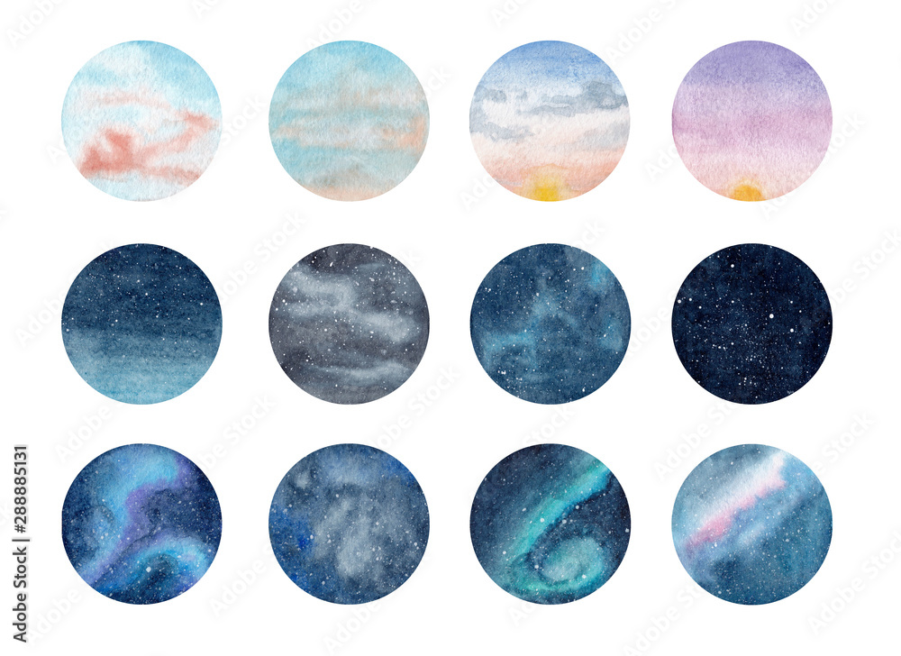 Collection of watercolor sky illustrations. Beautiful morning sky ...