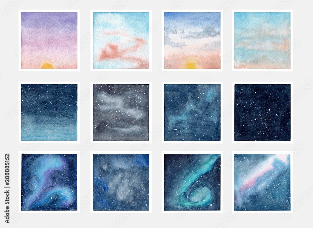 Collection of watercolor sky illustrations. Beautiful morning sky ...