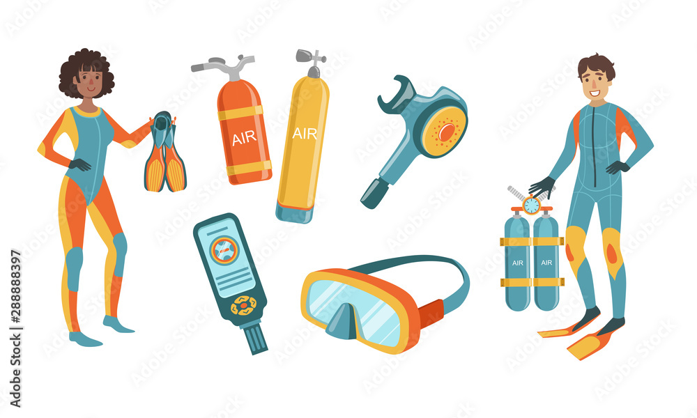 Snorkeling and Scuba Diving Elements Set, Scuba Diver Man and Woman ...