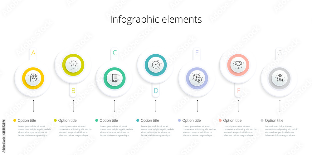 Business process chart infographics with 7 step options. Square ...