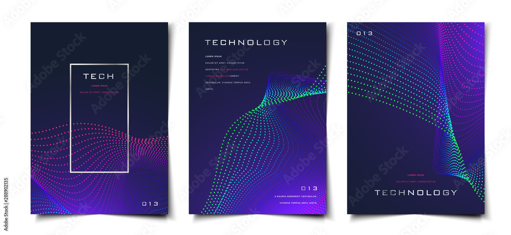 Set of digital technology abstract futuristic dotted flowing wavy ...