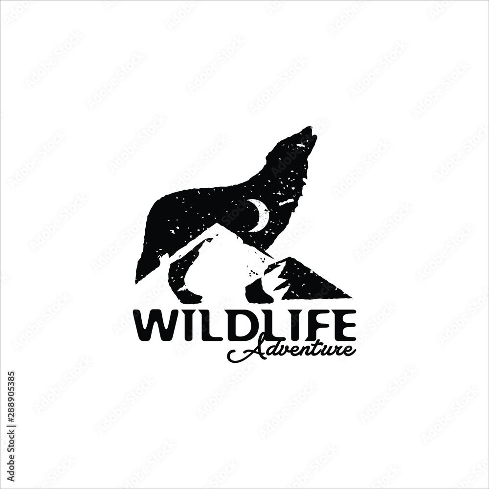 adventure logo rough grunge mountain fox illustration in the night ...