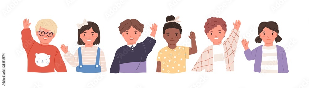 Kids waving hands flat vector illustrations set. Smiling little ...