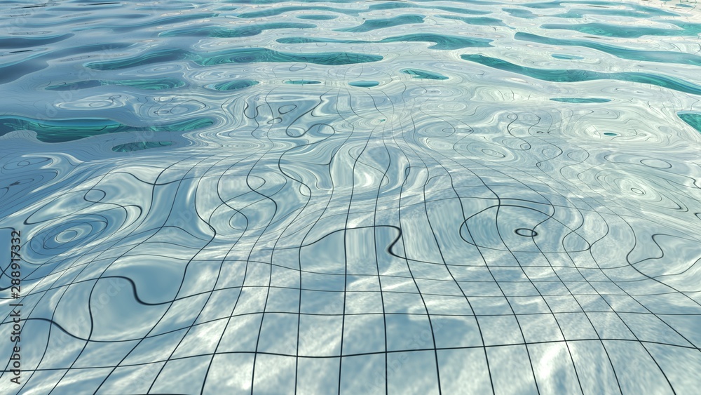 View of water rippled in white tiles swimming pool, with bright light ...