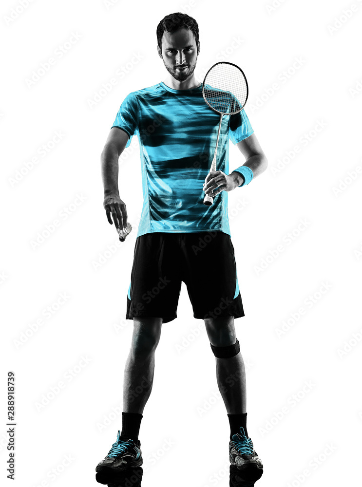 one caucasian Badminton player man in studio shadow silhouette isolated ...