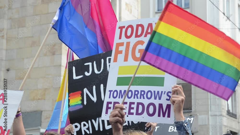 LGBTQI pride parade. People with banners and flags. Colourful parade ...